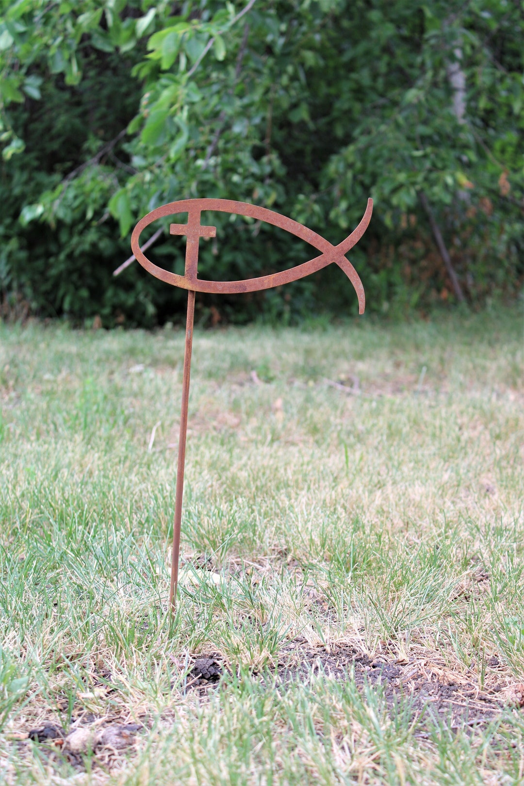 Metal Jesus Fish With Cross Garden Stake 21 to 33 Inches Tall - Etsy
