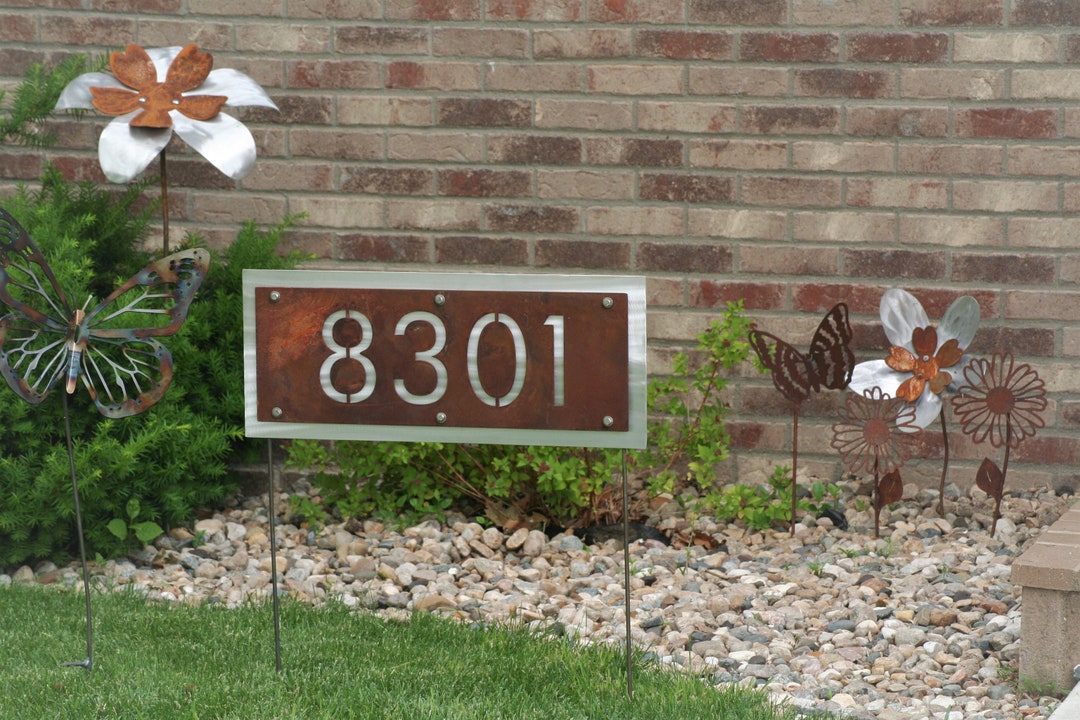 Metal House Number Address Sign on Stakes 10x25" up to 20x25" Layered ...