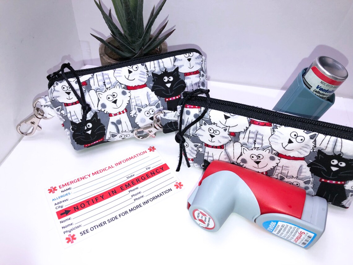 COOL CATS Asthma Inhaler Pouch, FREE Medical Alert Card, Slim Zipper ...