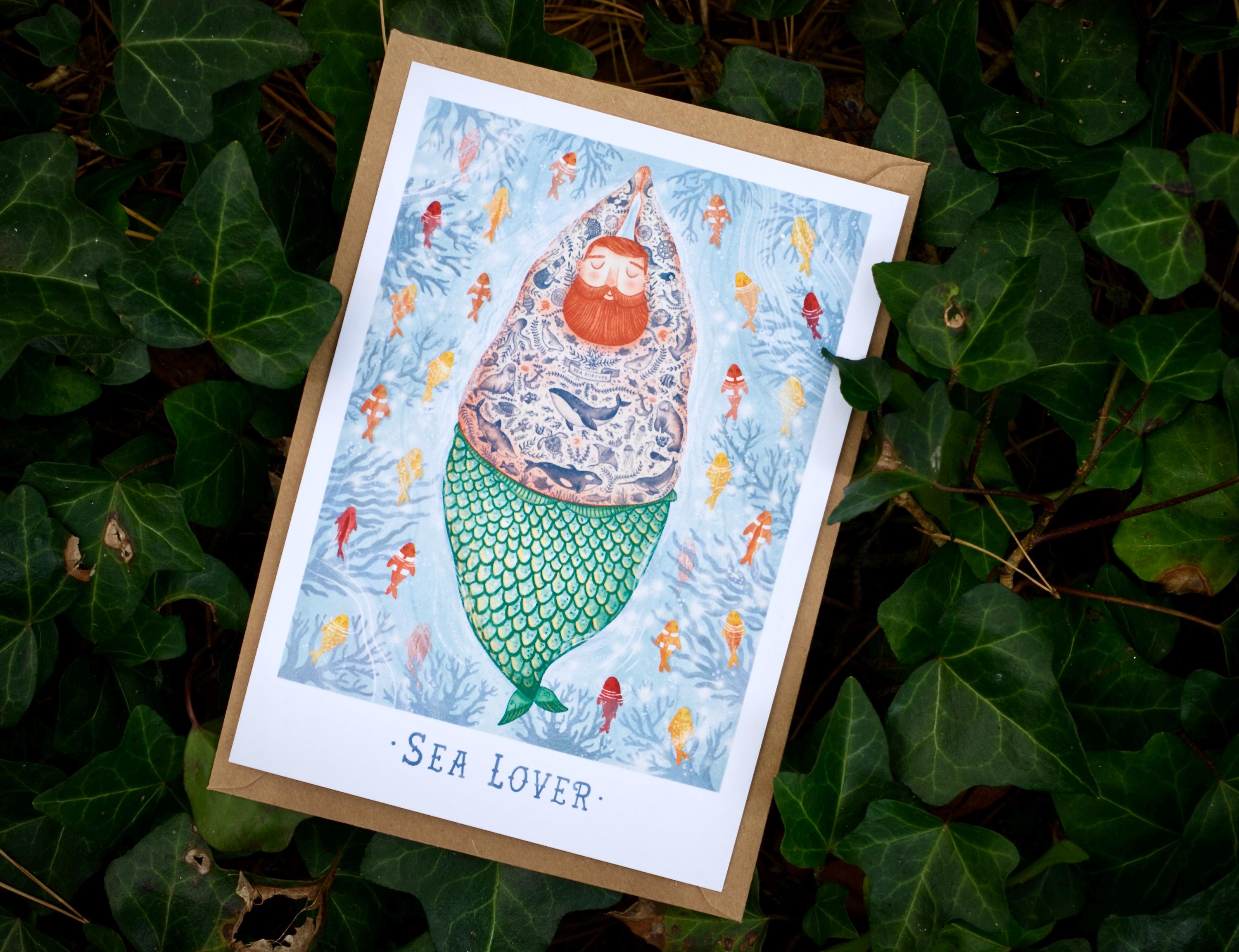 Sea Lover - Merman Postcard - Mermaid Artwork, Beach Themed, Ocean ...