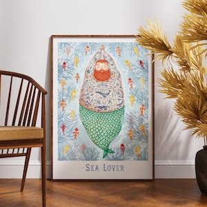 Sea Lover - Merman Print - Home Decor, Beach House Mermaid Artwork ...