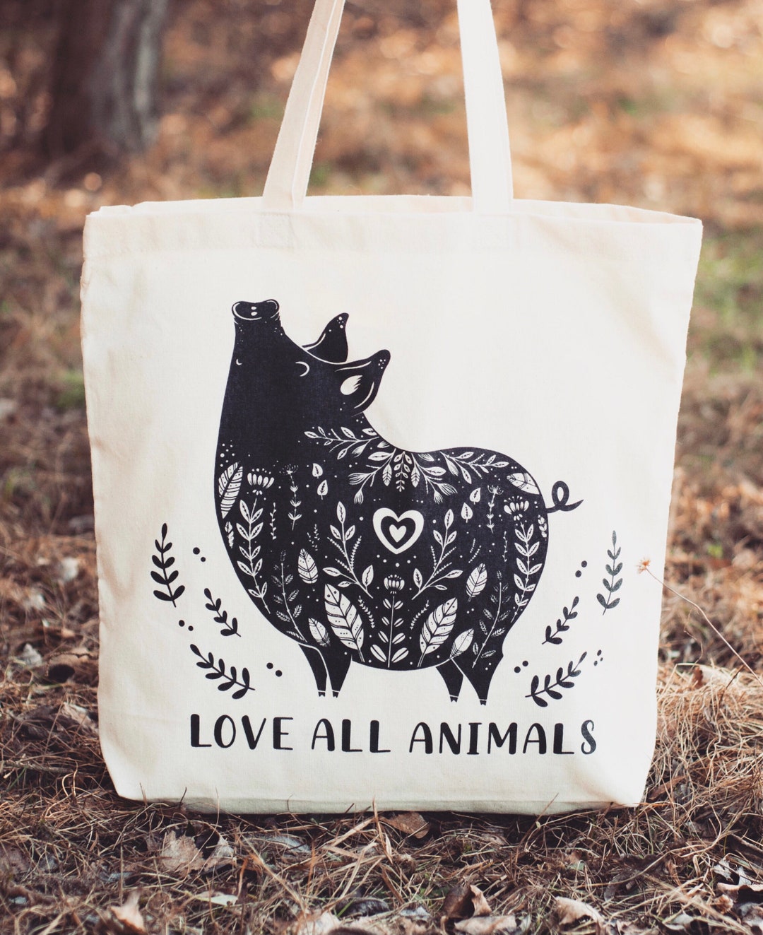 Pig Tote Bag LARGE Vegan Shopping Bag Love All Animals Eco Cotton ...