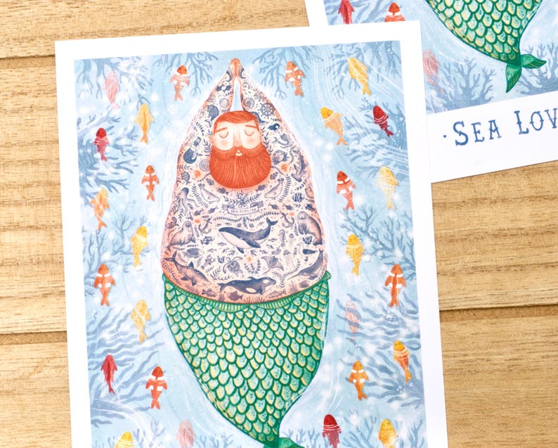 Sea Lover - Merman Postcard - Mermaid Artwork, Beach Themed, Ocean ...
