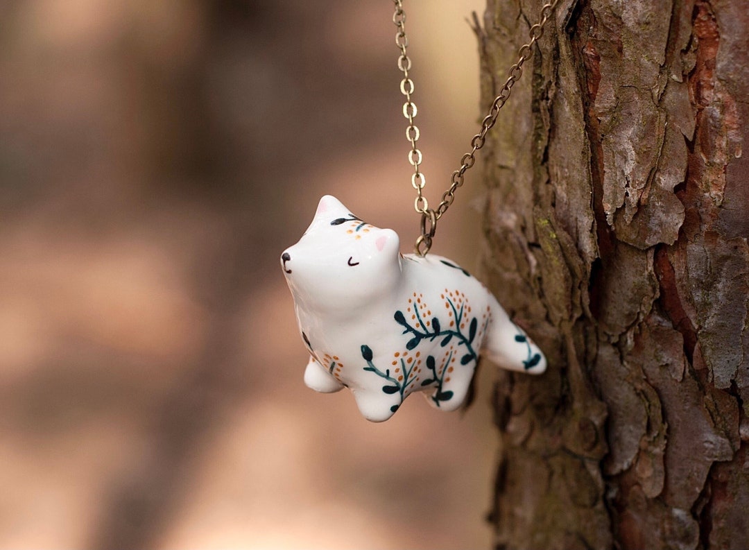 Arctic Fox Pendant - Polymer Clay Figurine Animal Charm Necklace Totem ...