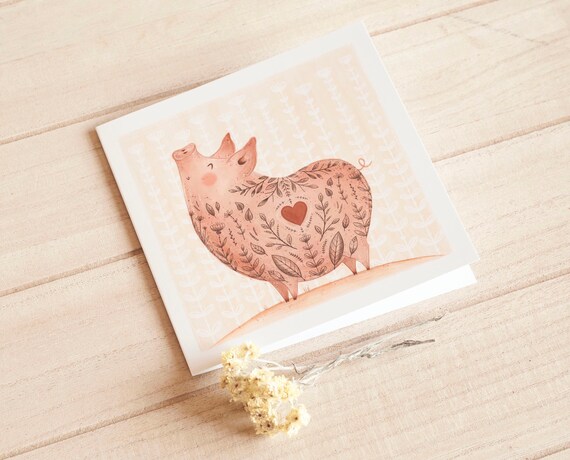 Pig Gift Card Greeting Birthday Card Animal Postcard Piglet | Etsy