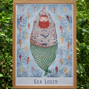 Sea Lover Merman Print Home Decor Beach Mermaid Artwork Ocean Nursery ...