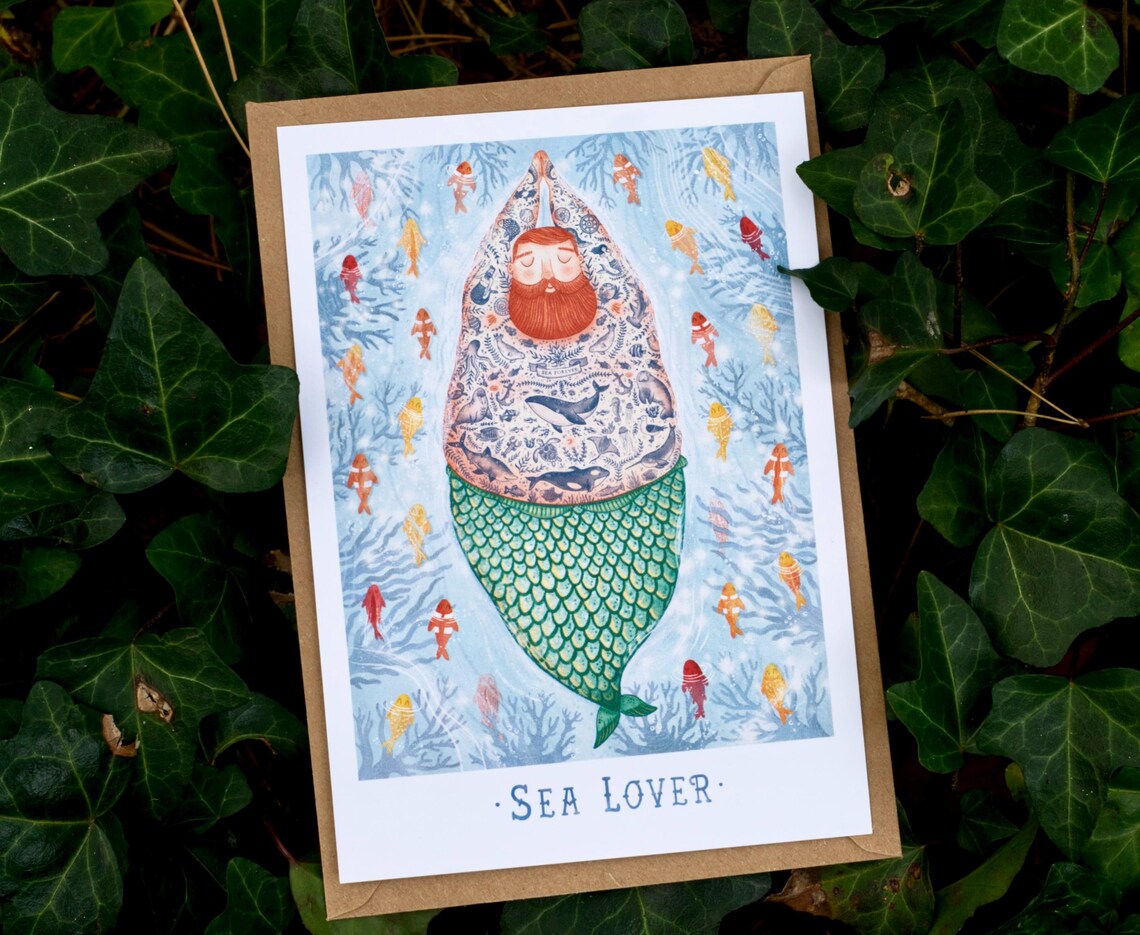 Sea Lover - Merman Postcard - Mermaid Artwork, Beach Themed, Ocean ...