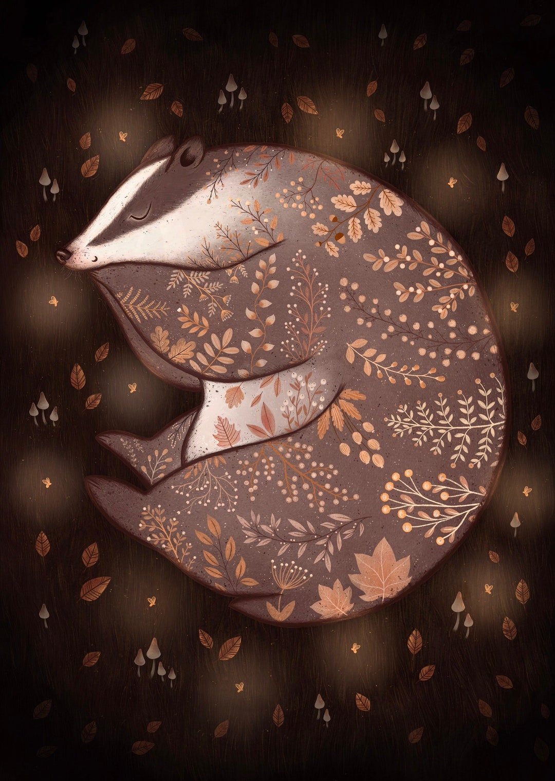 Sleeping Badger - Wall Art Print, Woodland Illustration, Forest Poster ...