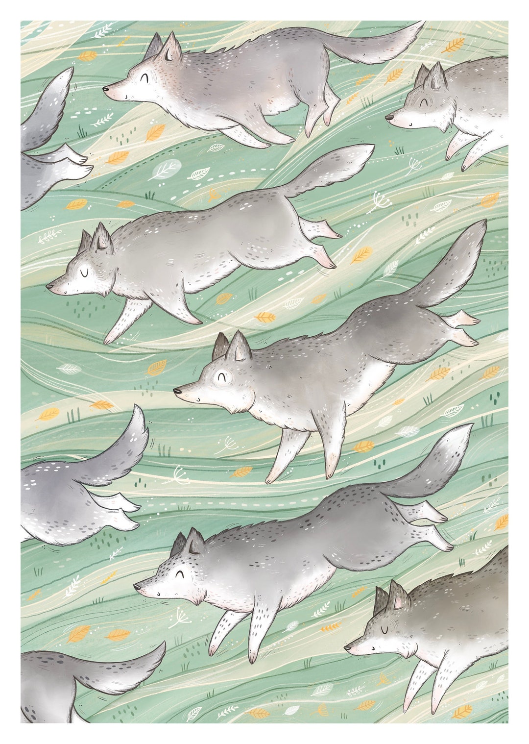 Running Wolves Print - Wolf Wall Art Woodland Poster Illustration Home ...