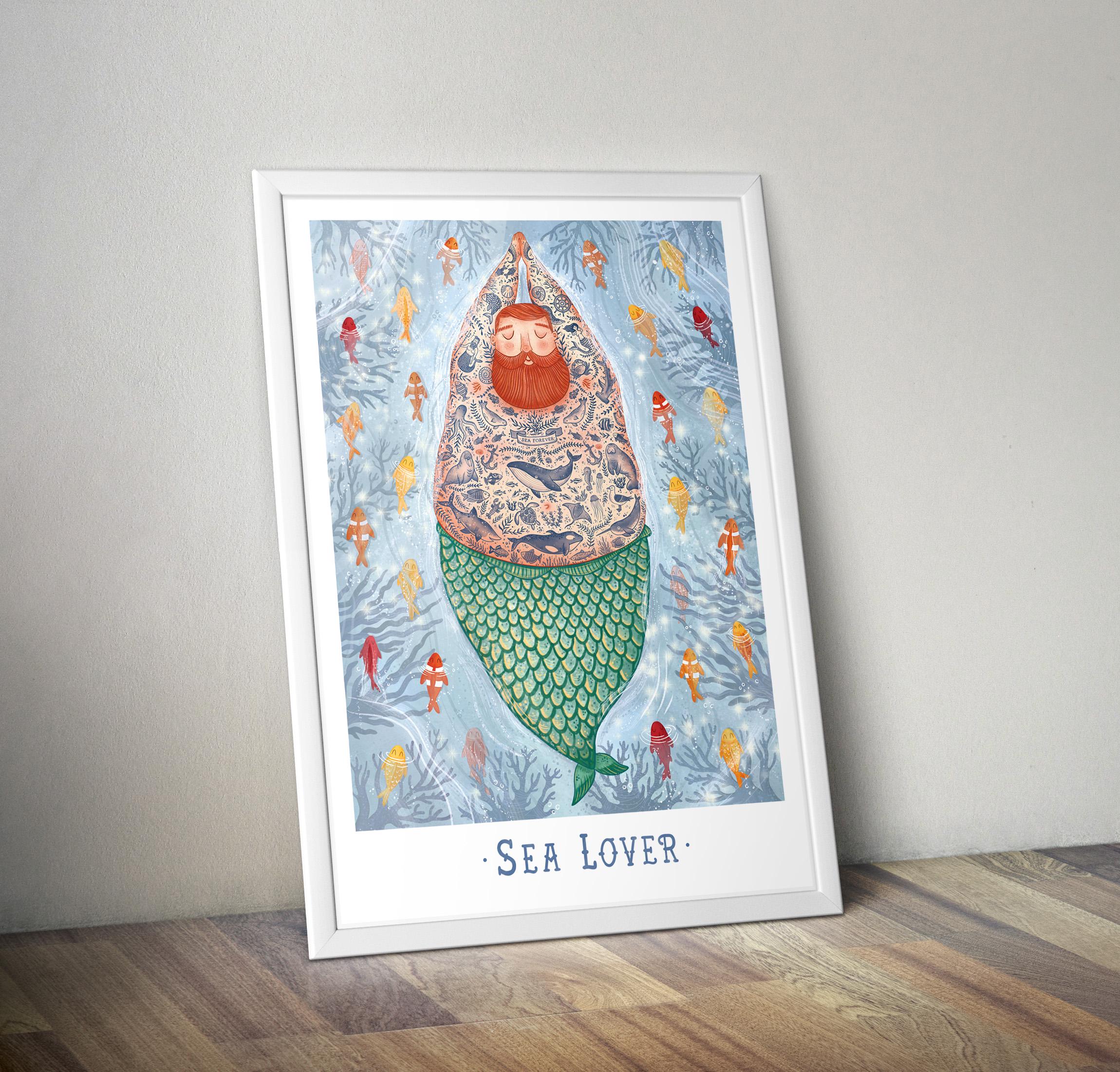 Sea Lover - Merman Print - Home Decor, Beach House Mermaid Artwork ...