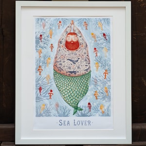 Sea Lover - Merman Print - Home Decor, Beach House Mermaid Artwork ...