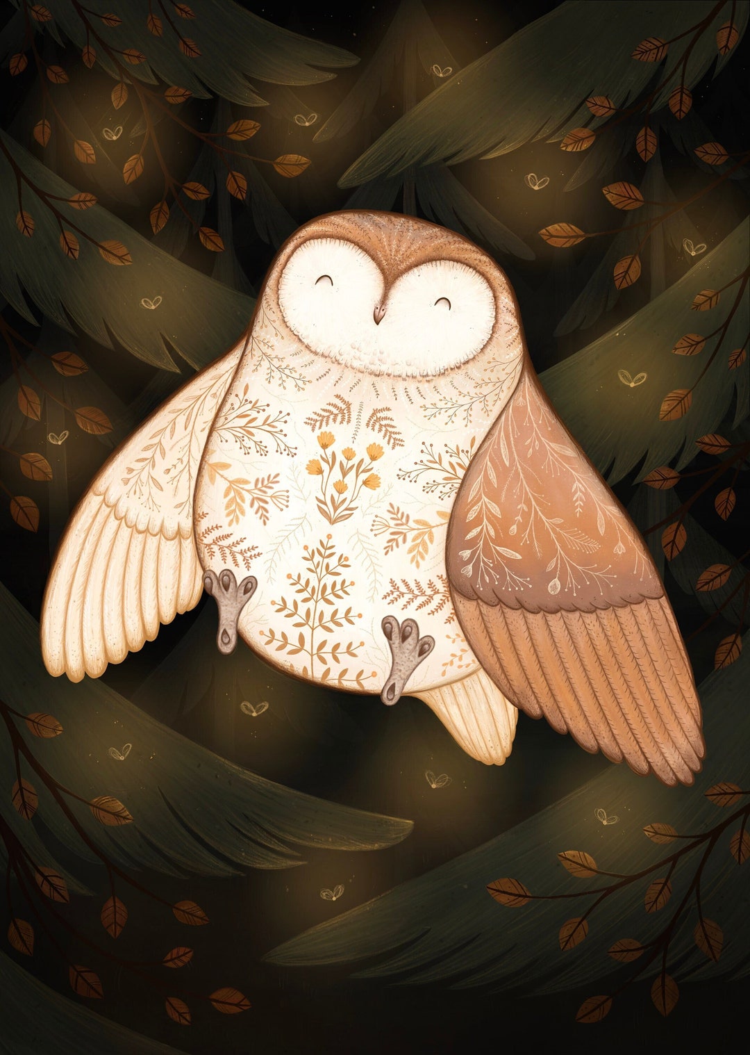 Sleepy Owl Print - Bid Poster, Wall Art, Autumn Woodland Owls, Plants ...