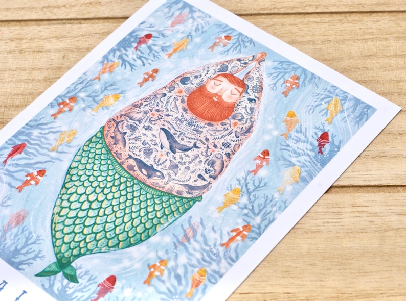 Sea Lover - Merman Postcard - Mermaid Artwork, Beach Themed, Ocean ...