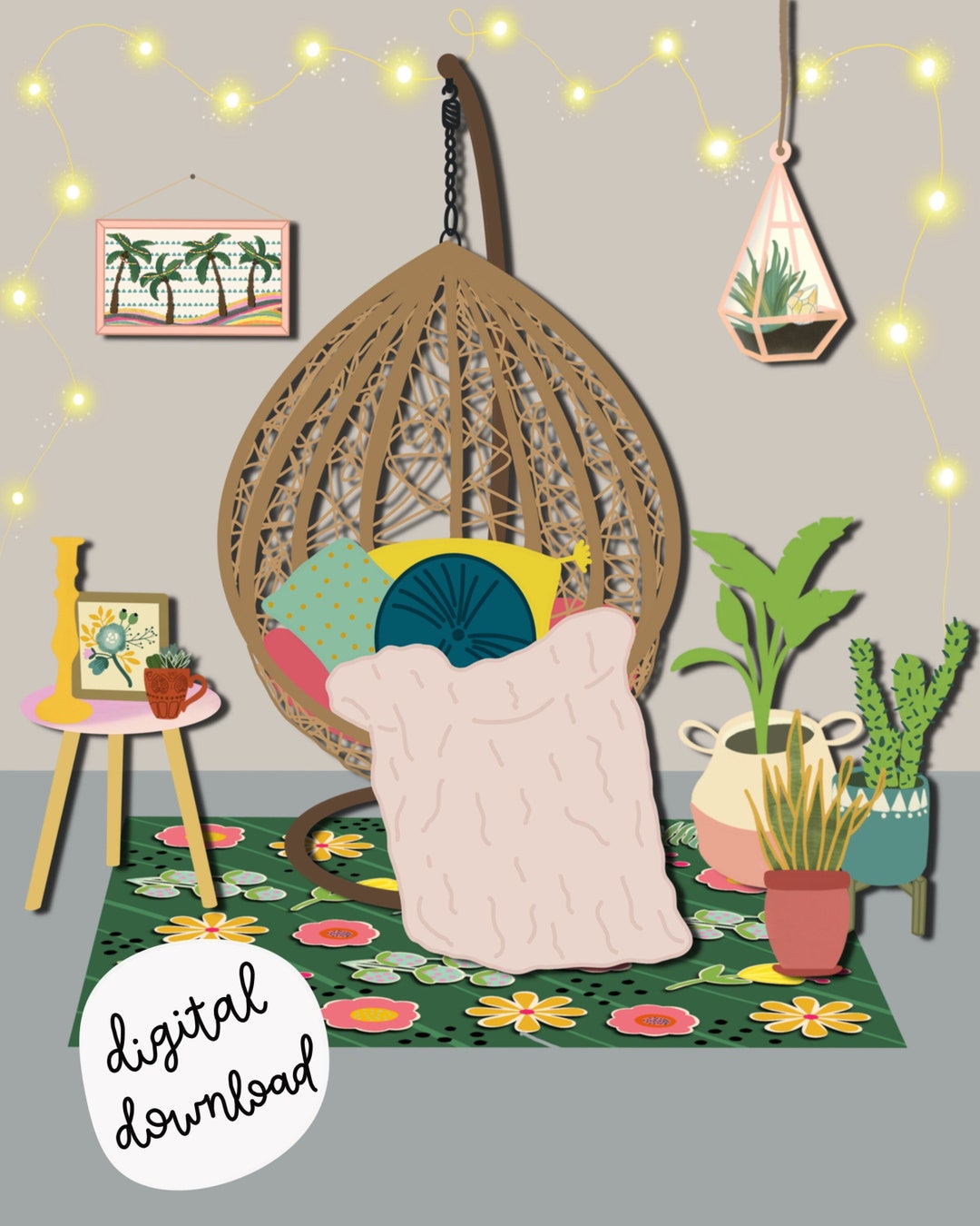 Boho Wall Art | Egg Chair Drawing | Digital Download | Botanical Art ...