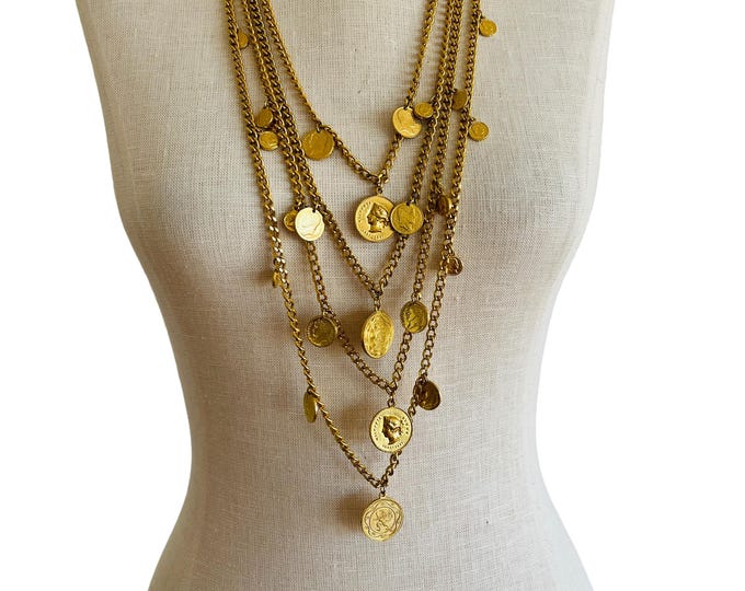 Vintage Designer Signed Goldette Multi Chain Gold Coins Tiered Layered ...