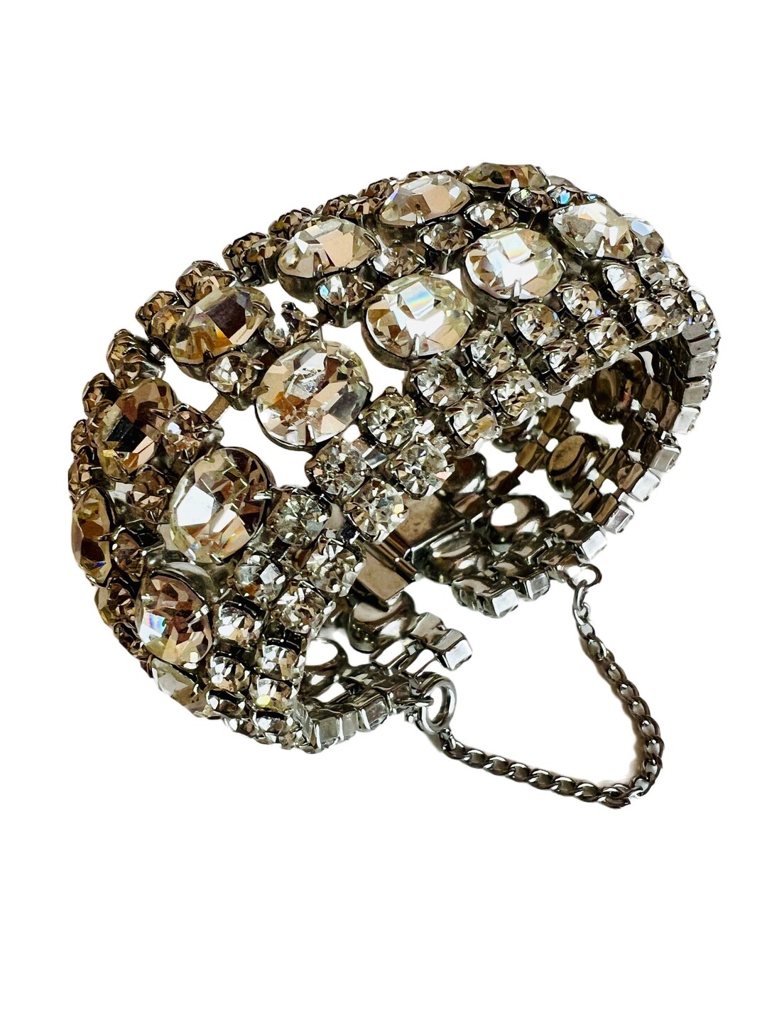 Vintage Opulent Hollywood Regency Style 7 Rows Wide Rhinestone Silver ...
