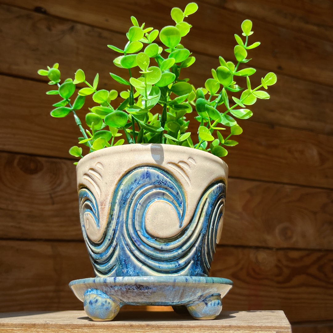 Ocean Waves Ceramic Planter Handmade Ceramic Tropical Planter & Water ...