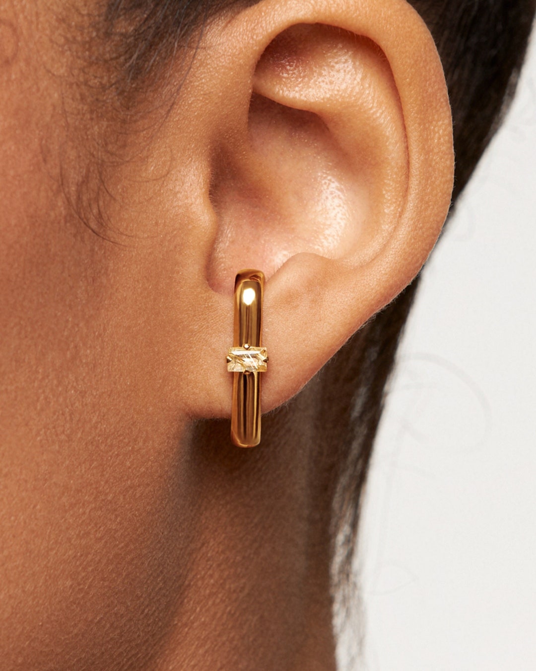 Wide Suspender Earring CZ • Gold Lobe Cuff Earrings • Thick Modern ...