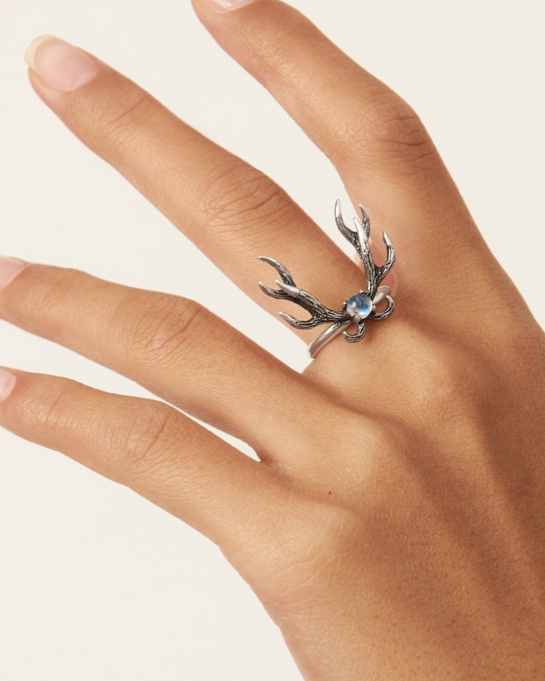 Deer Antler Ring Moonstone and Sterling Silver Adjustable Ring Boho ...