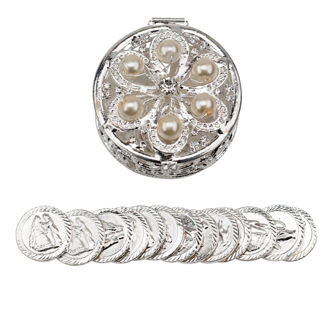 Silver Wedding Arras Set | 13 Unity Coins With Crystal Pearl Round ...