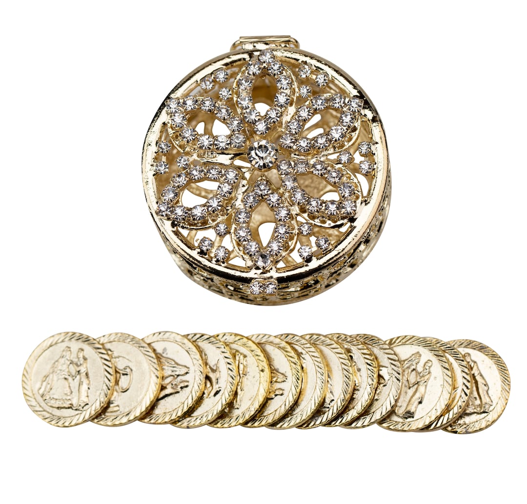 Gold Plated Wedding Arras Set, Round Chest With Crystals, 13 Unity ...