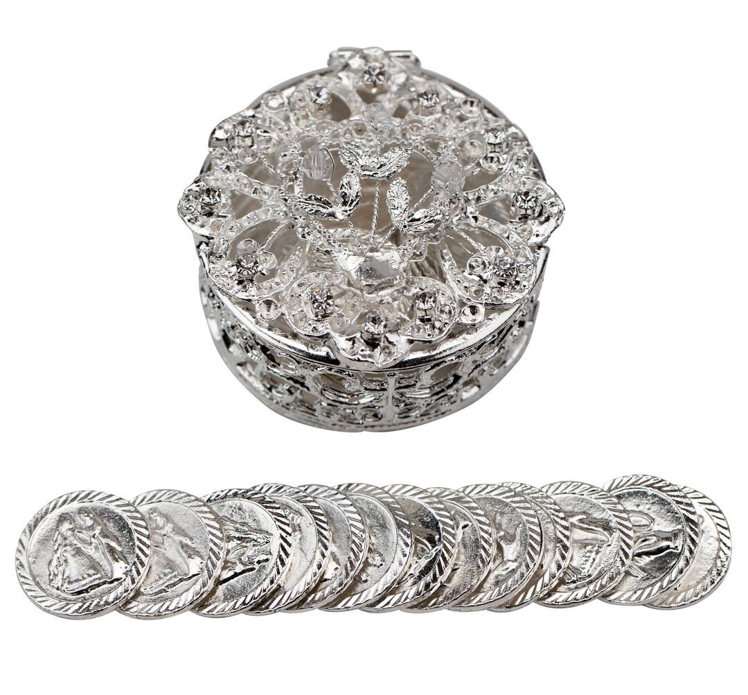 Round Silver Crystal Wedding Arras Box With Unity Coins, Wedding Ring ...