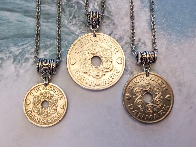 Denmark 1, 2 or 5 Kroner Silver Tone Coin Pendant Necklace 1990-2005 ...