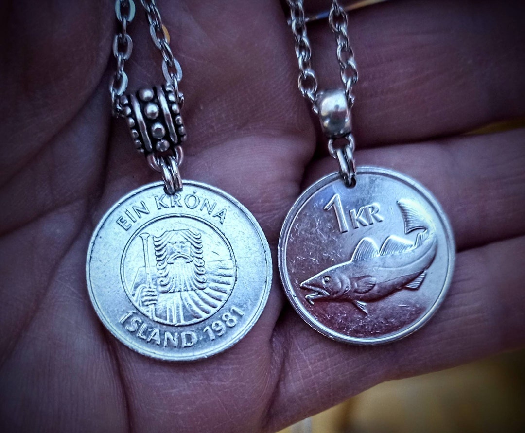 Iceland Silver Tone Krona Coin Pendant Necklace, Cod Fish & Bergrisi ...