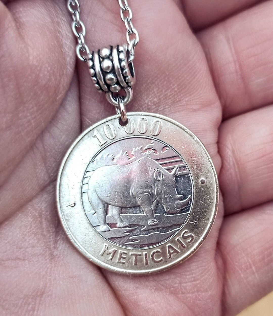 Mozambique Africa BIG Rhinoceros 10,000 Meticais Coin Pendant Necklace ...