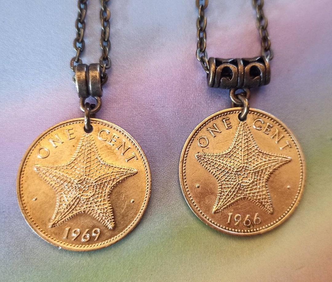 Bahamas Starfish 1 Cent Brass Coin Pendant Necklace 1966-1984, Choose ...