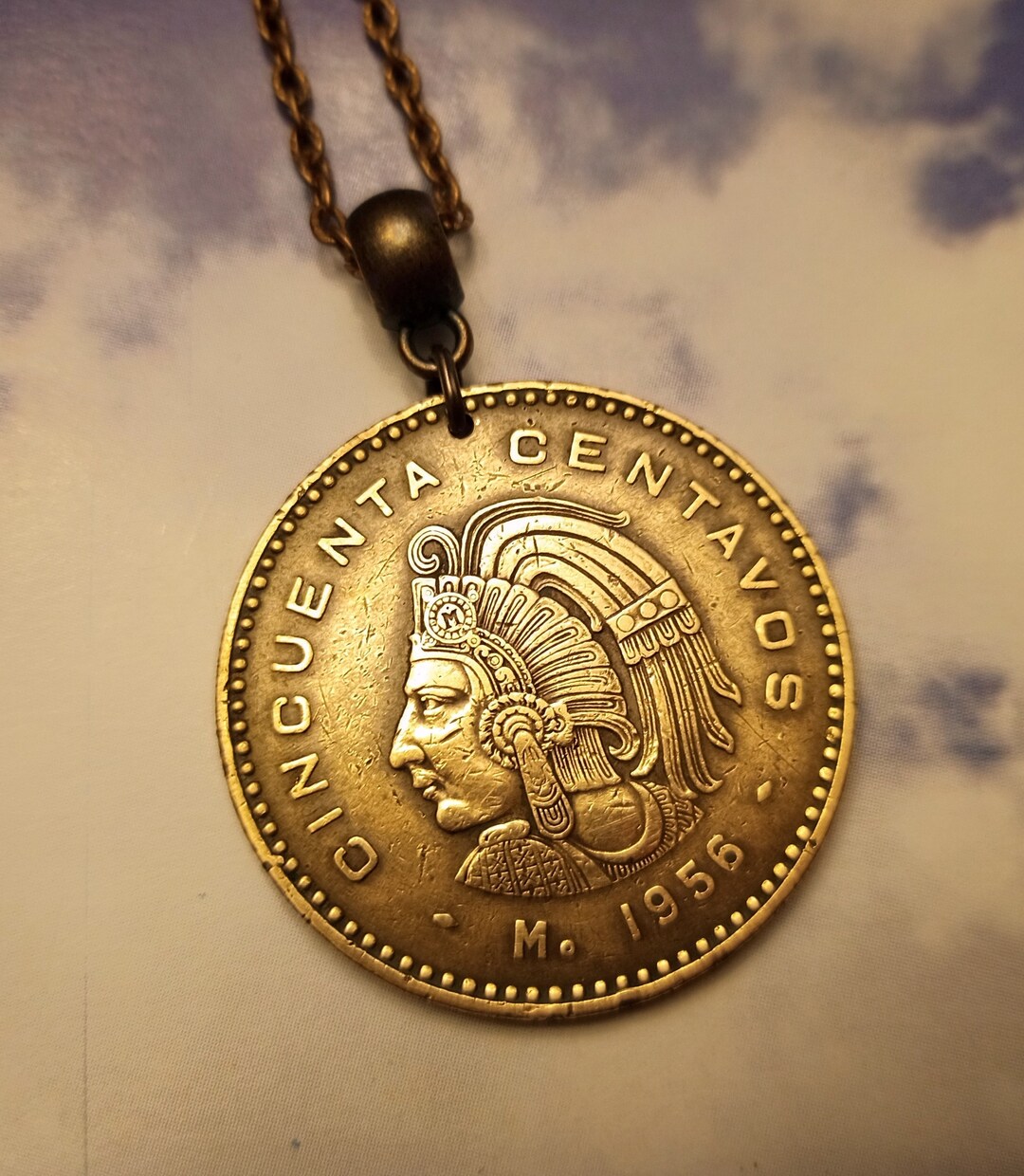 Mexico Aztec Emperor Vintage 50 Centavos Copper Coin Pendant Necklace ...
