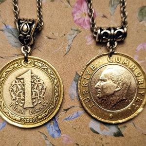 Turkey Bimetallic 1 Lira 1 Inch Coin Pendant Necklace 2009-2018, Choose ...