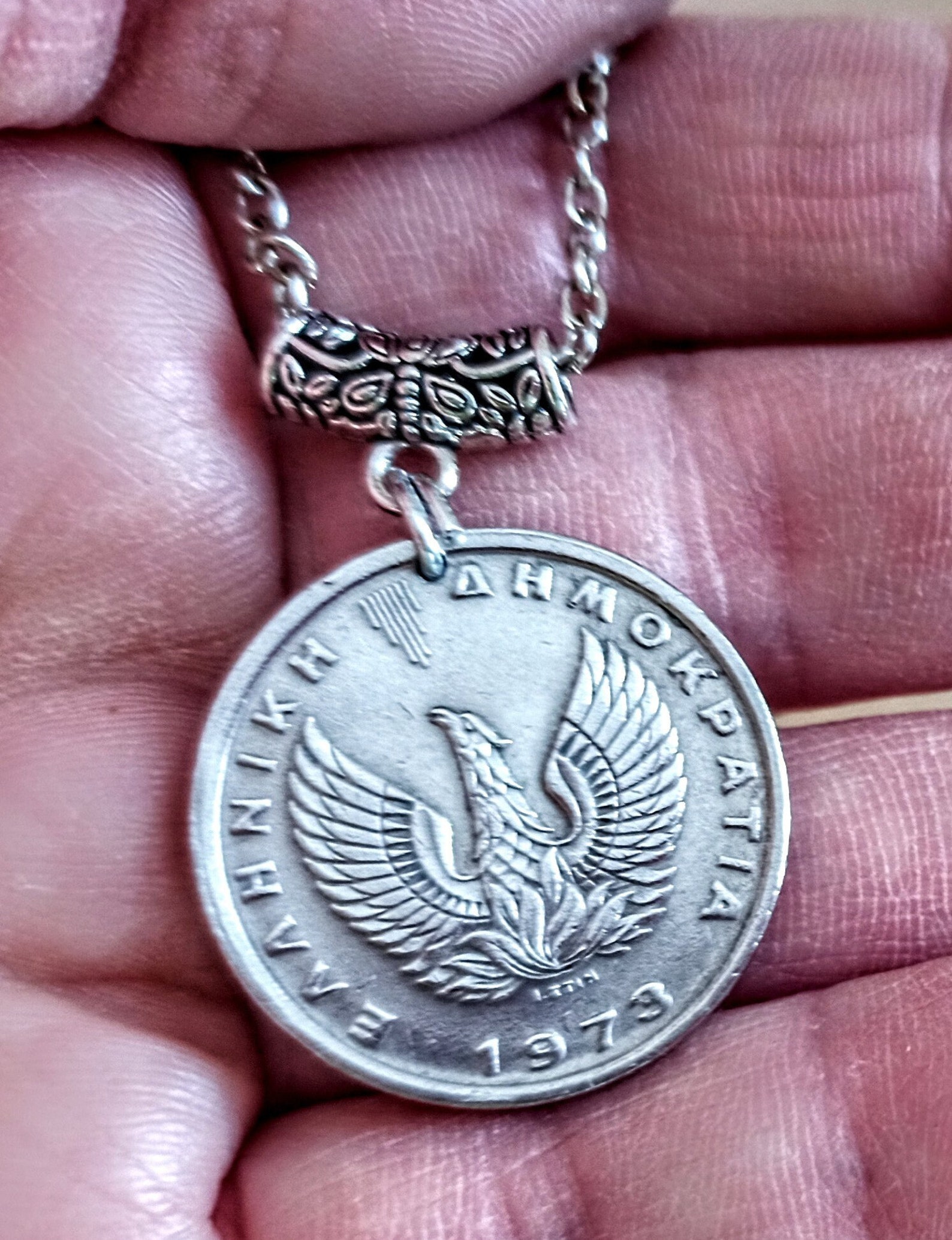 Greece Pegasus & Rising Phoenix Drachmai Silver Tone Coin Pendant ...