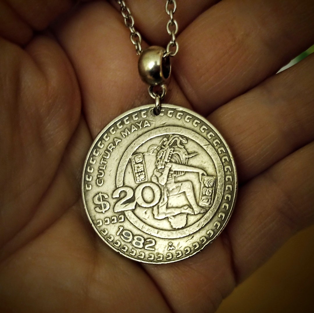 Mexico 1.5 Inch Diameter HUGE Maya 20 Pesos Silver Tone Coin Pendant ...