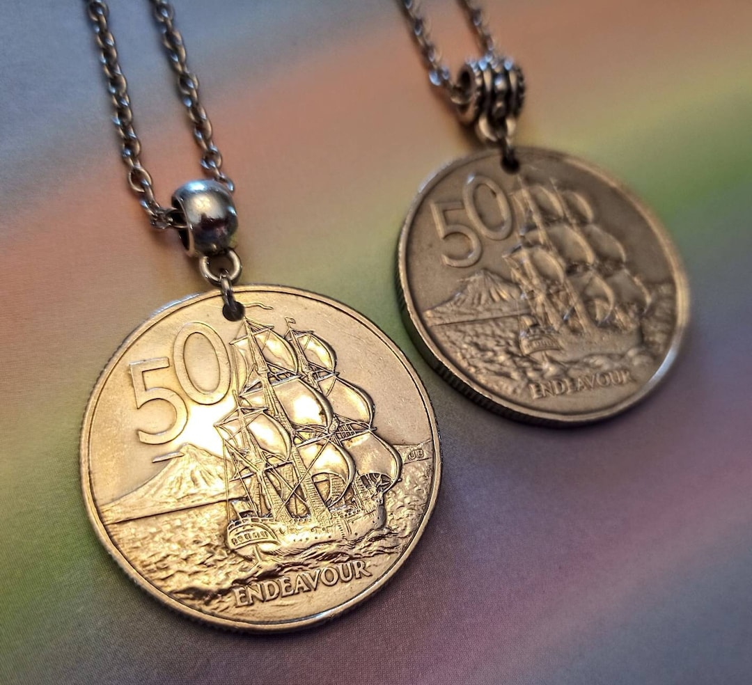 New-zealand NZ HUGE Silver Tone 50 Cents Endeavour Ship 1.1/4 Inch Coin ...