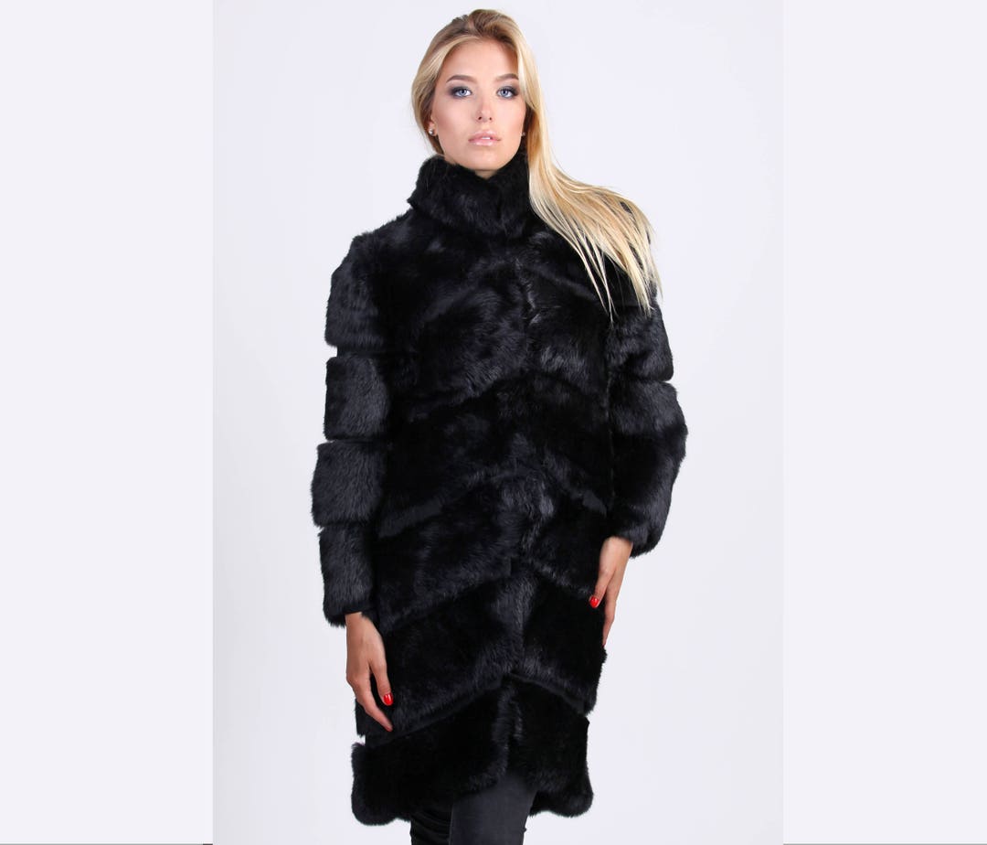 Rabbit Fur Coat Womens Winter Jacket Black Long Coat Gift for Her - Etsy