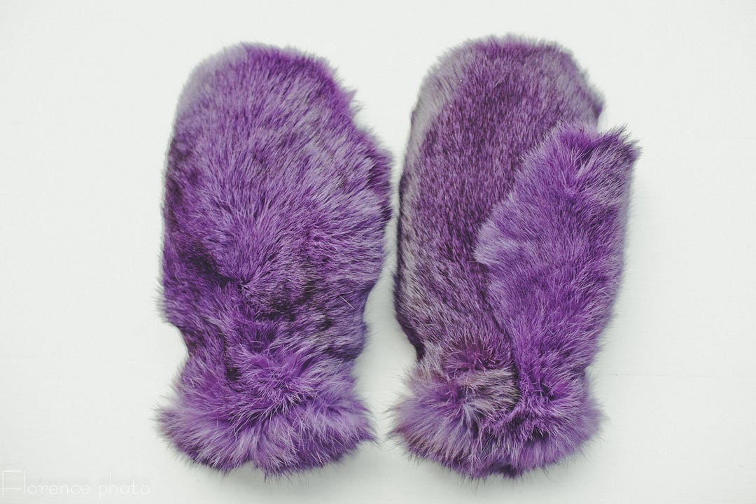 Purple Rabbit Fur Mittens – Real Fur Winter Gloves for Women & Men ...