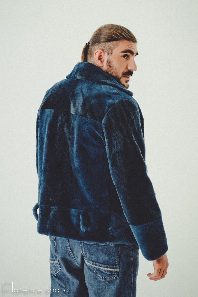 Men's Fur Bomber Jacket Blue Male Short Winter Coat | Etsy
