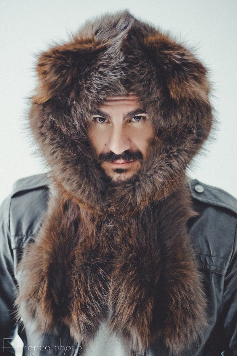 Mens Brown Fox Fur Bear Hat | Real Fur Trapper Hood | Unisex Winter Hat ...