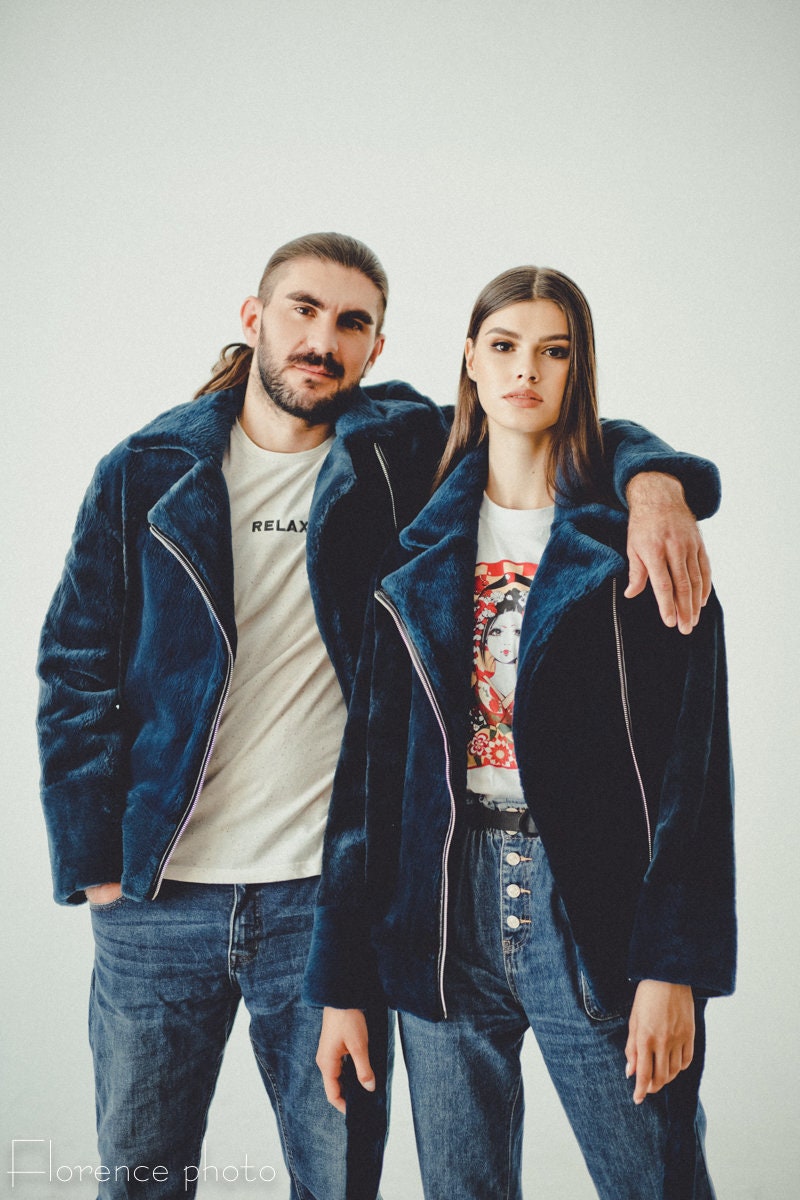 Men's Fur Bomber Jacket Blue Male Short Winter Coat | Etsy