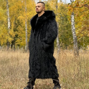 Hooded Long Mens Fur Coat Black Real Fur Coats Men Oversized Fur Coats ...