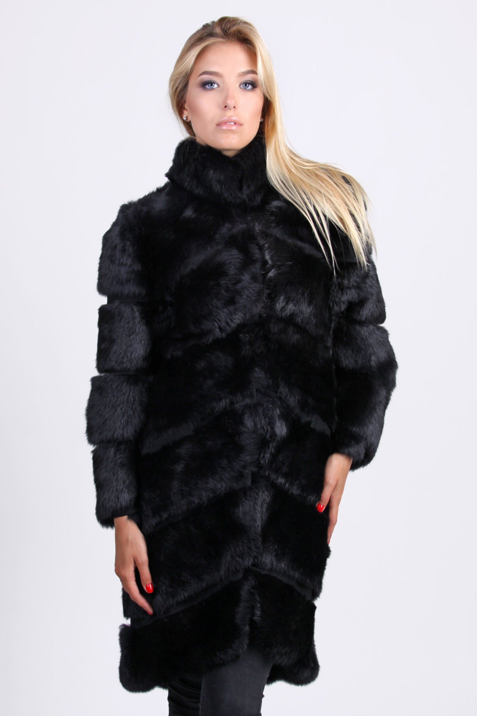 Rabbit Fur Coat Womens Winter Jacket Black Long Coat - Etsy