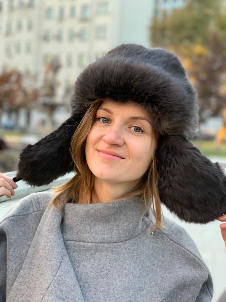 Gray Rabbit Fur Hat Womens Ushanka Russian Mens Trapper - Etsy