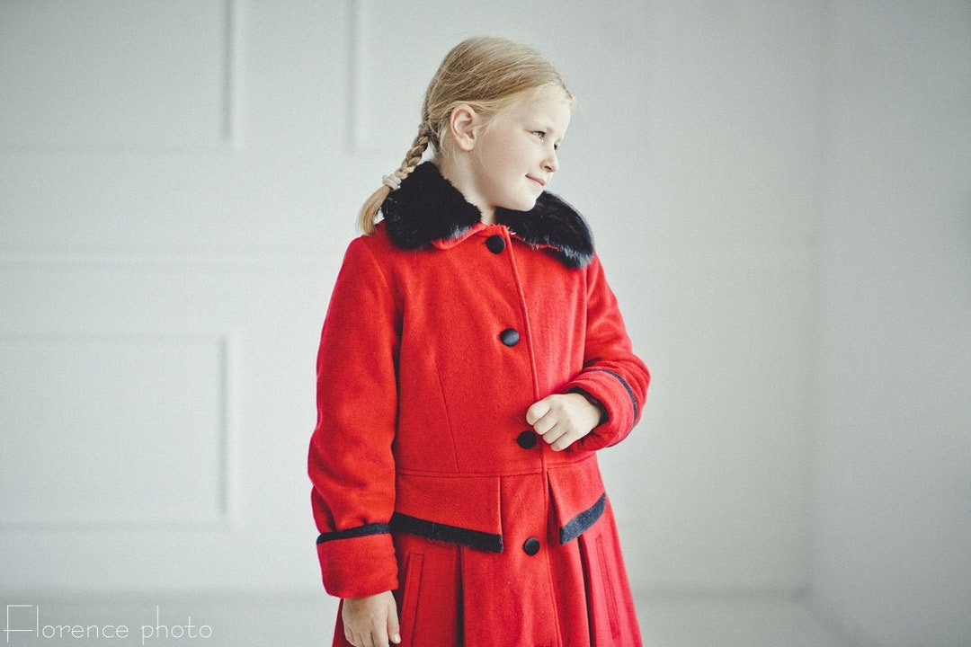 Red Girl's Wool Coat With Real Mink Fur Collar Baby Girl Coats Wool ...
