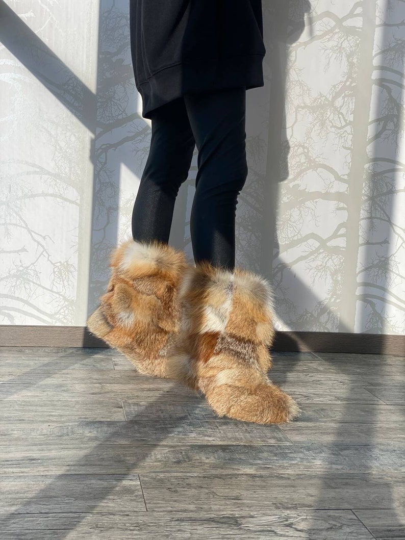 Red Fox Fur Indoor Slippers: Handmade Leather Sole Booties - Etsy