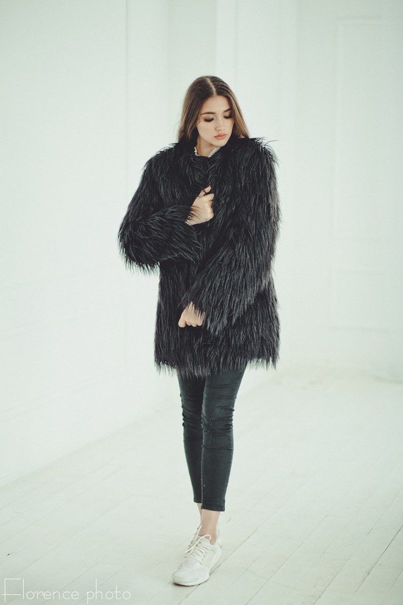Faux Fur Coat Black Fake Fur Jacket Oversized Jacket | Etsy