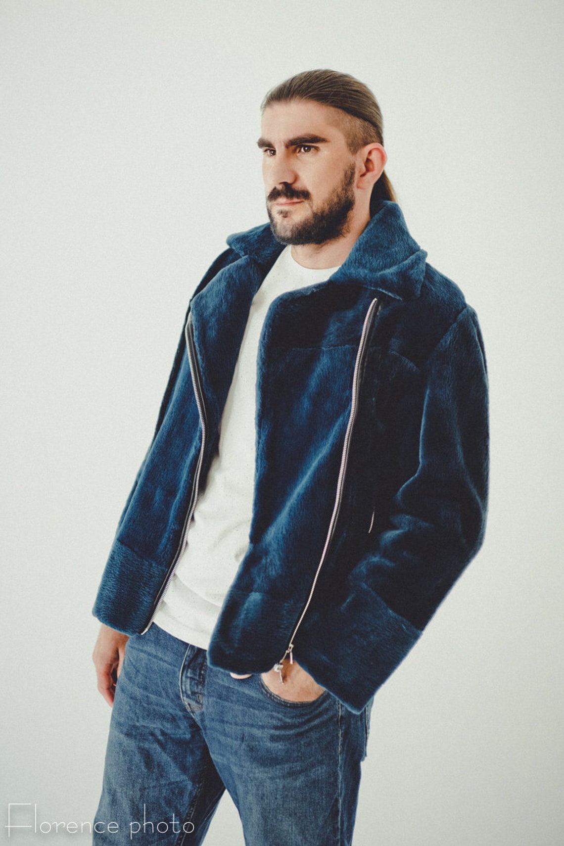 Men's Fur Bomber Jacket Blue Male Short Winter Coat - Etsy