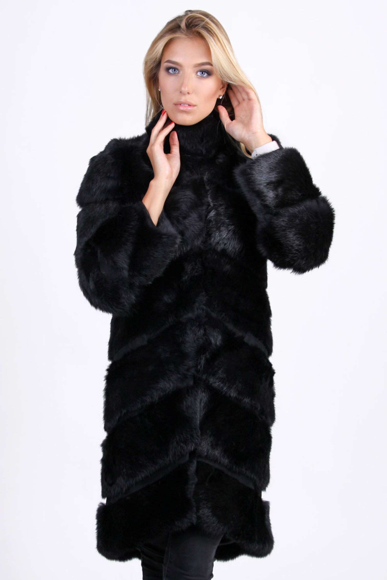 Rabbit Fur Coat Womens Winter Jacket Black Long Coat - Etsy