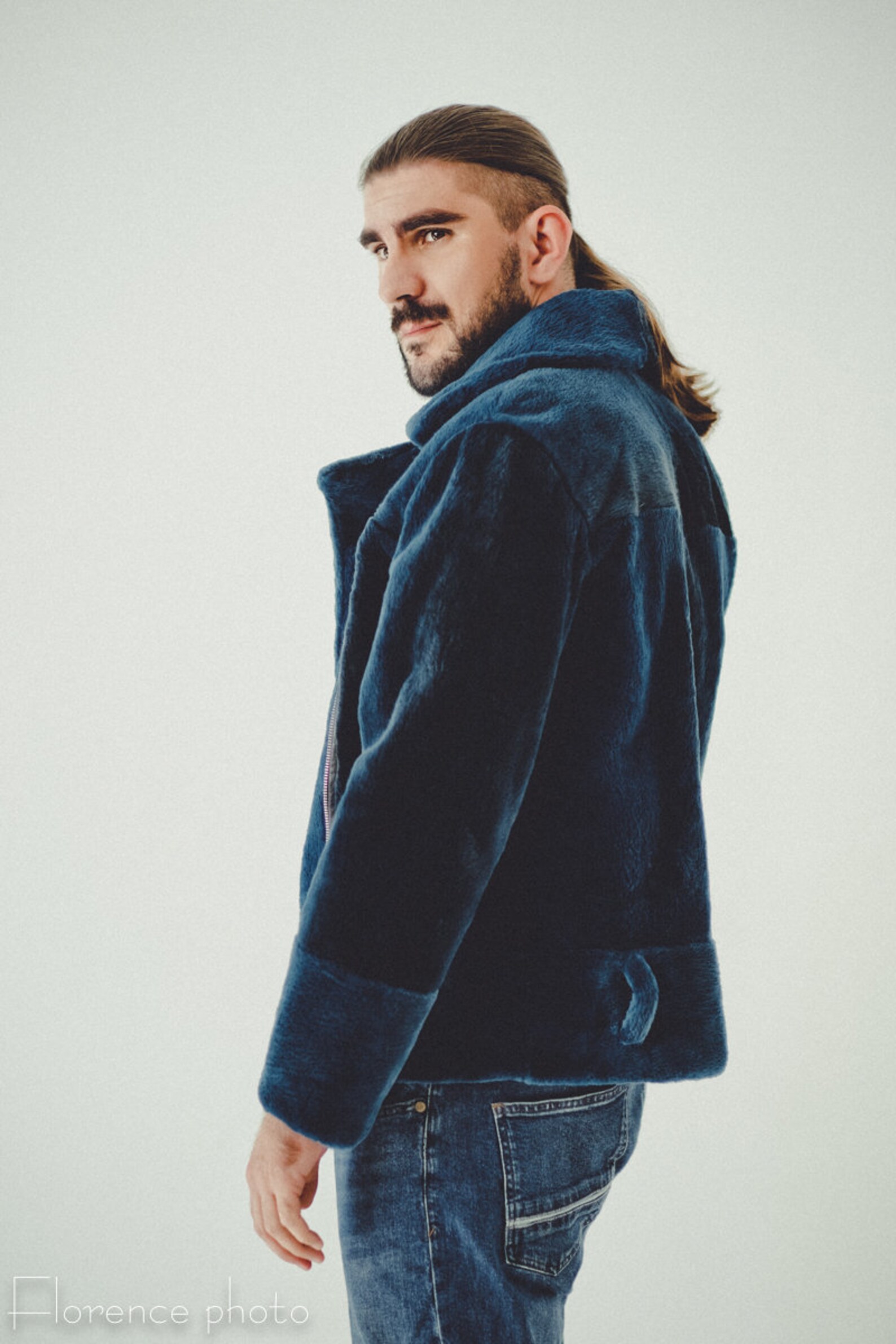 Men's Fur Bomber Jacket Blue Male Short Winter Coat | Etsy