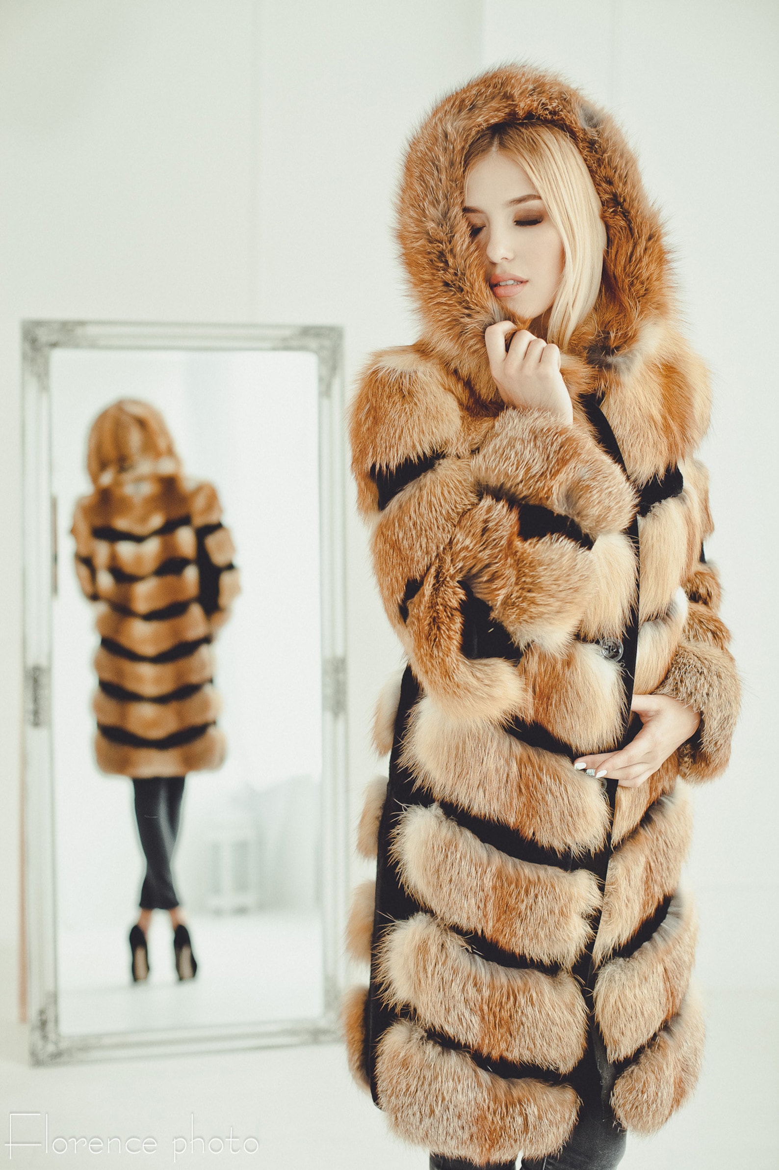 Fox fur coat with hood for women Long winter hooded coats | Etsy